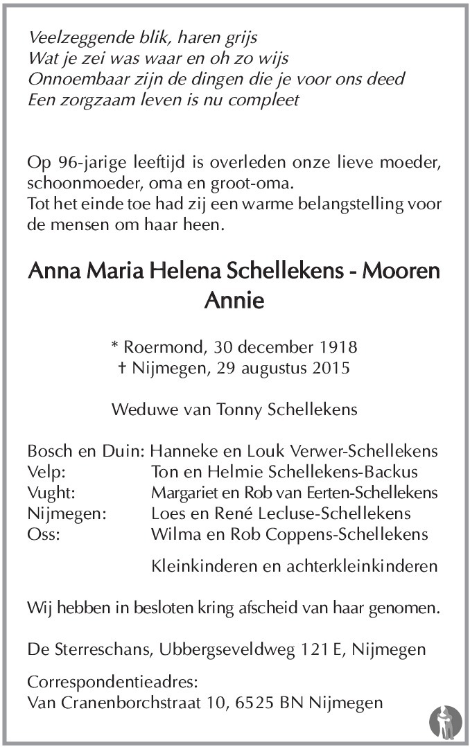 Anna Maria Helena (Annie) Schellekens - Mooren 29-08-2015 ...
