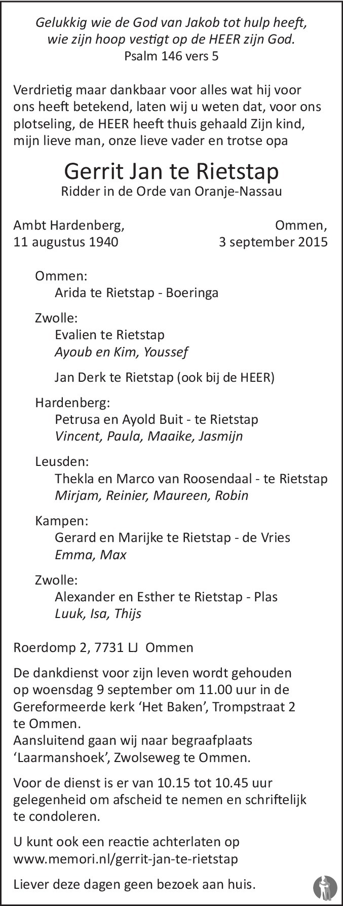 Gerrit Jan te Rietstap 03-09-2015 overlijdensbericht en condoleances - Mensenlinq.nl