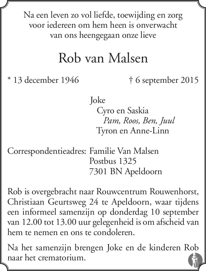 Rob van Malsen 06-09-2015 overlijdensbericht en condoleances ...