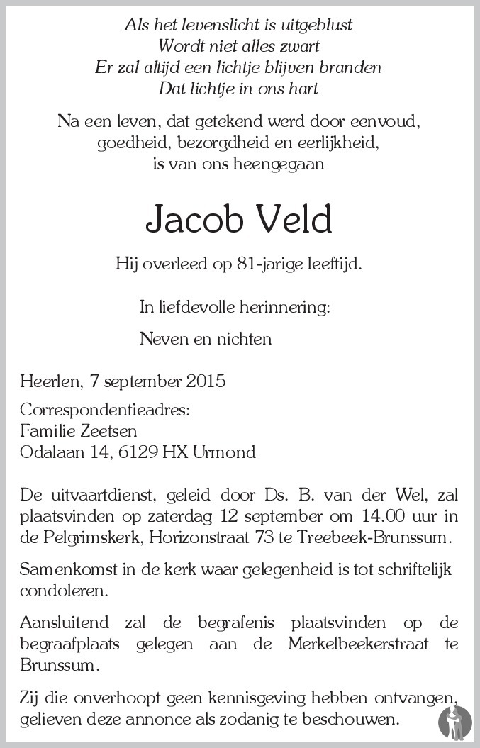 Jacob Veld 07-09-2015 overlijdensbericht en condoleances - Mensenlinq.nl