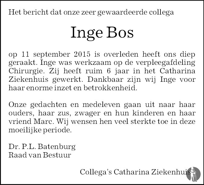 Inge Bos 16-09-2015 overlijdensbericht en condoleances - Mensenlinq.nl