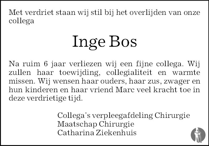 Inge Bos 16-09-2015 overlijdensbericht en condoleances - Mensenlinq.nl