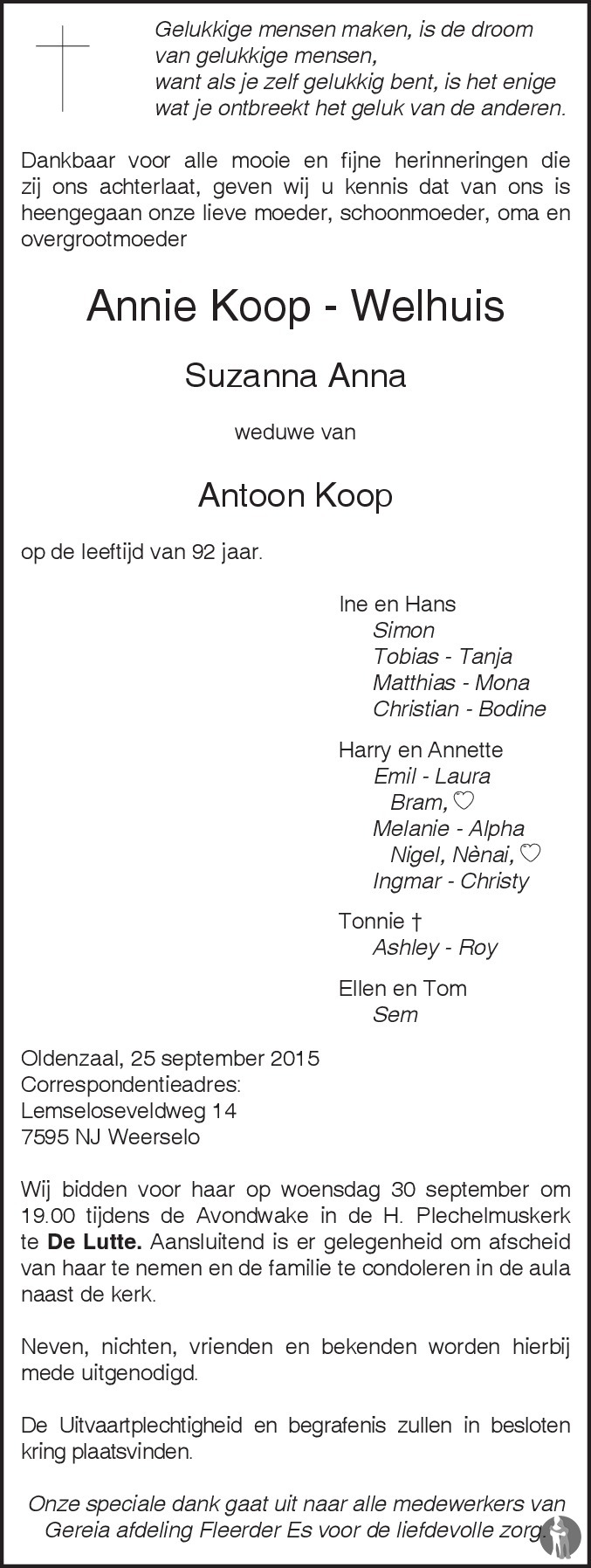 Suzanna Anna (Annie) Koop - Welhuis 25-09-2015 overlijdensbericht en ...