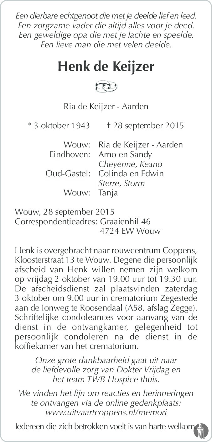 Henk de Keijzer 28-09-2015 overlijdensbericht en condoleances ...