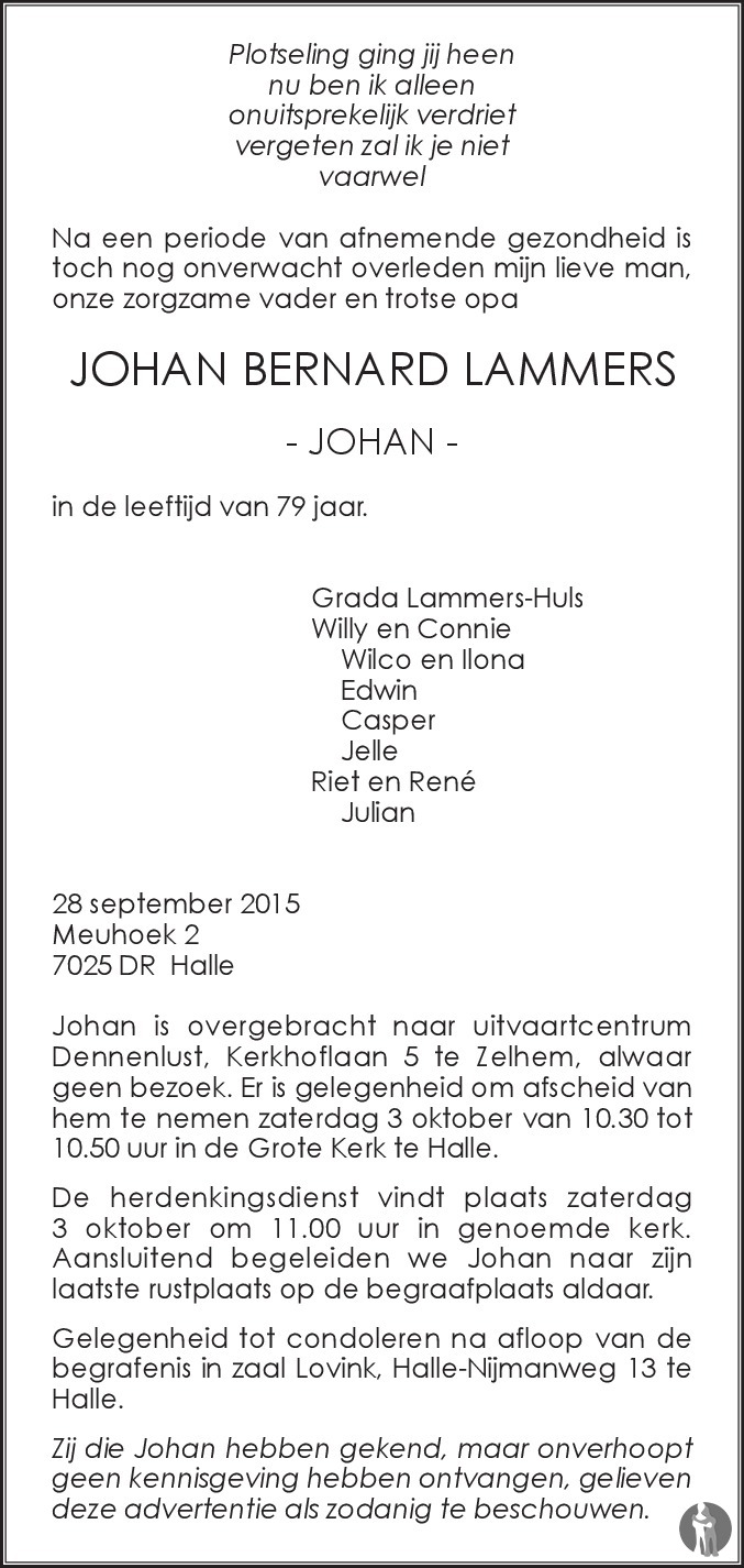 Johan Bernard (Johan) Lammers 28-09-2015 overlijdensbericht en ...