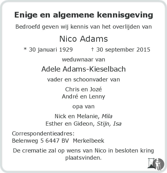 Nico Adams 30-09-2015 overlijdensbericht en condoleances - Mensenlinq.nl