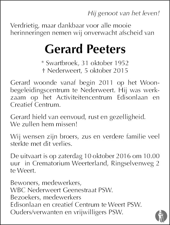 Gerard Peeters 05-10-2015 overlijdensbericht en condoleances ...