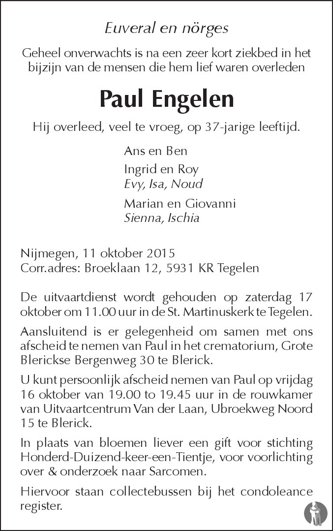 Paul Engelen 11-10-2015 overlijdensbericht en condoleances - Mensenlinq.nl
