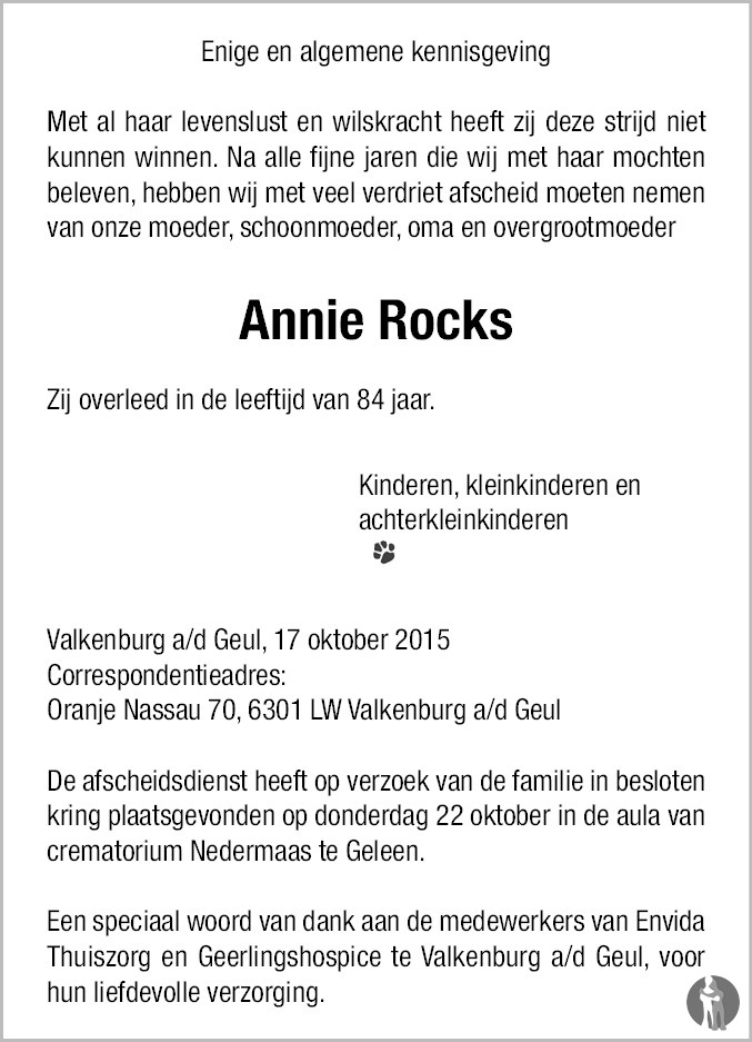 Annie Rocks 17-10-2015 overlijdensbericht en condoleances - Mensenlinq.nl