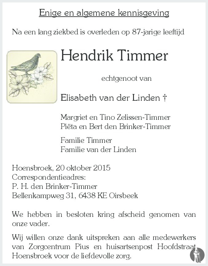 Hendrik Timmer 20-10-2015 overlijdensbericht en condoleances ...