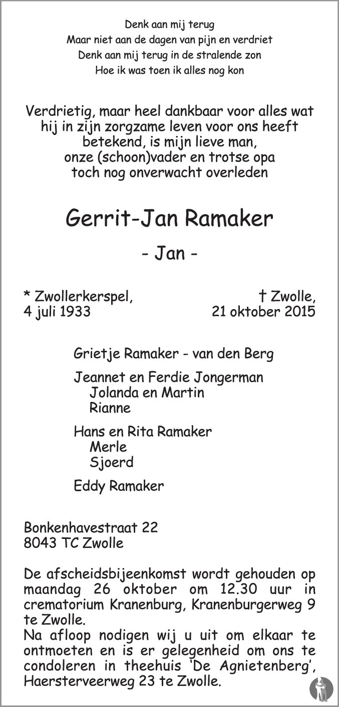 Gerrit-Jan (Jan) Ramaker 21-10-2015 overlijdensbericht en condoleances ...