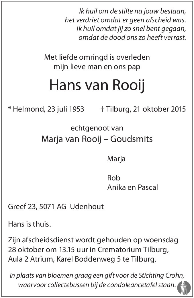 Hans Van Rooij 21 10 2015 Overlijdensbericht En Condoleances Mensenlinqnl 