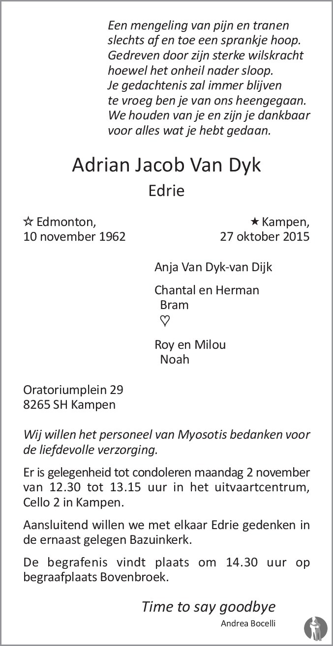 Adrian Jacob (Edrie) Van Dyk 27-10-2015 overlijdensbericht en ...