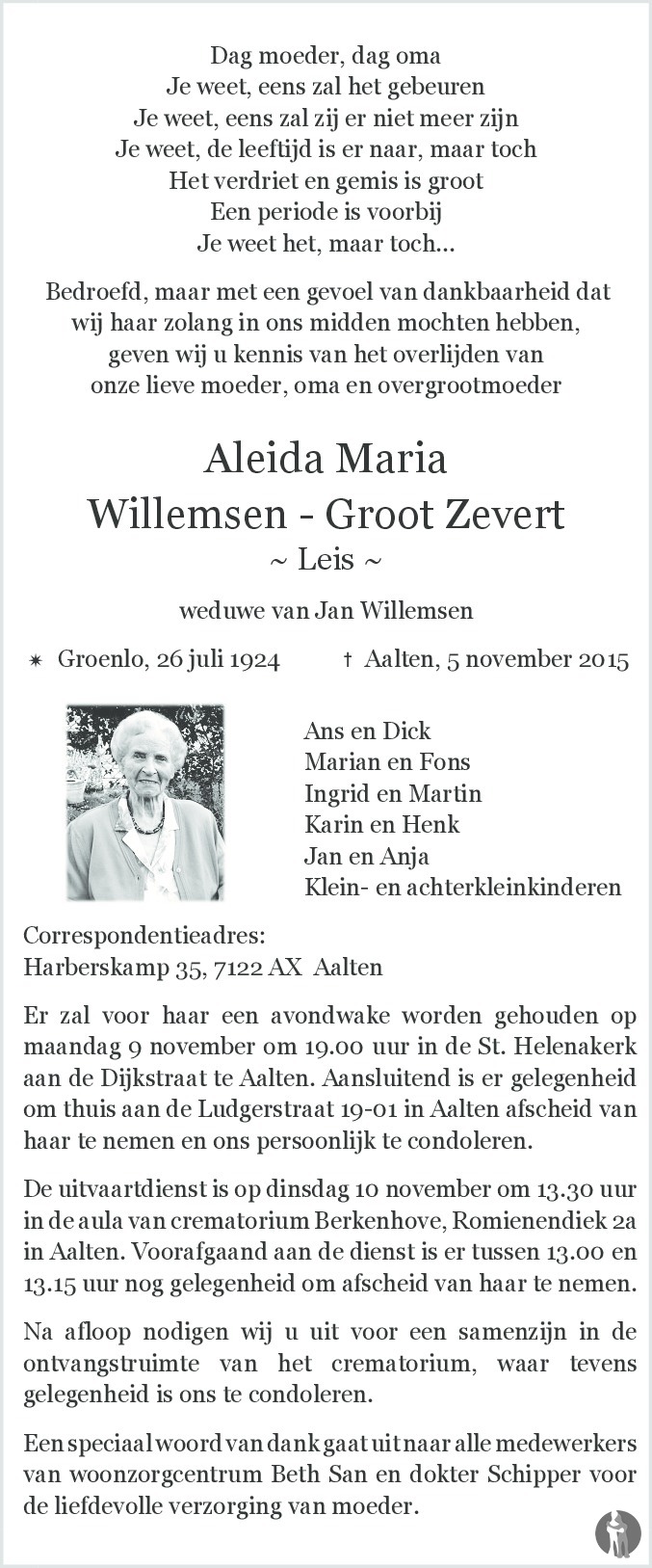 Aleida Maria (Leis) Willemsen - Groot Zevert 05-11-2015 ...