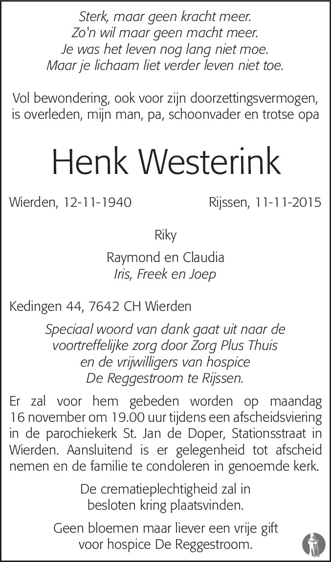 Henk Westerink 11-11-2015 overlijdensbericht en condoleances ...