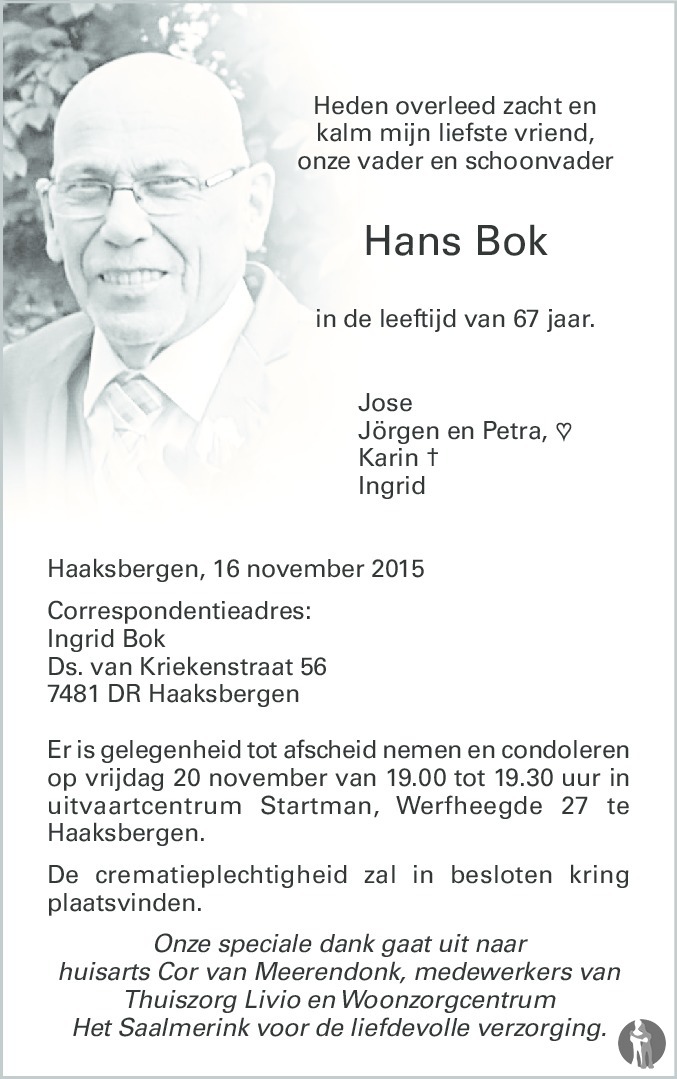 Hans Bok 16-11-2015 overlijdensbericht en condoleances - Mensenlinq.nl
