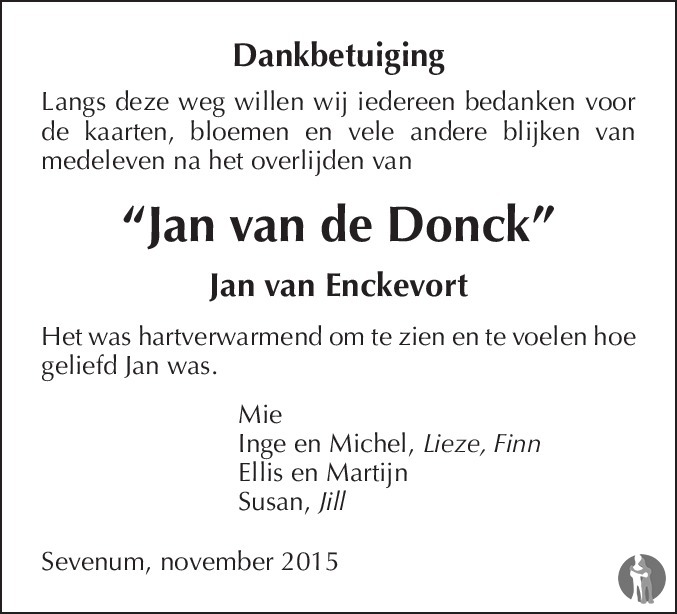 Jan (Jan van de Donck) van Enckevort 18-10-2015 overlijdensbericht en ...