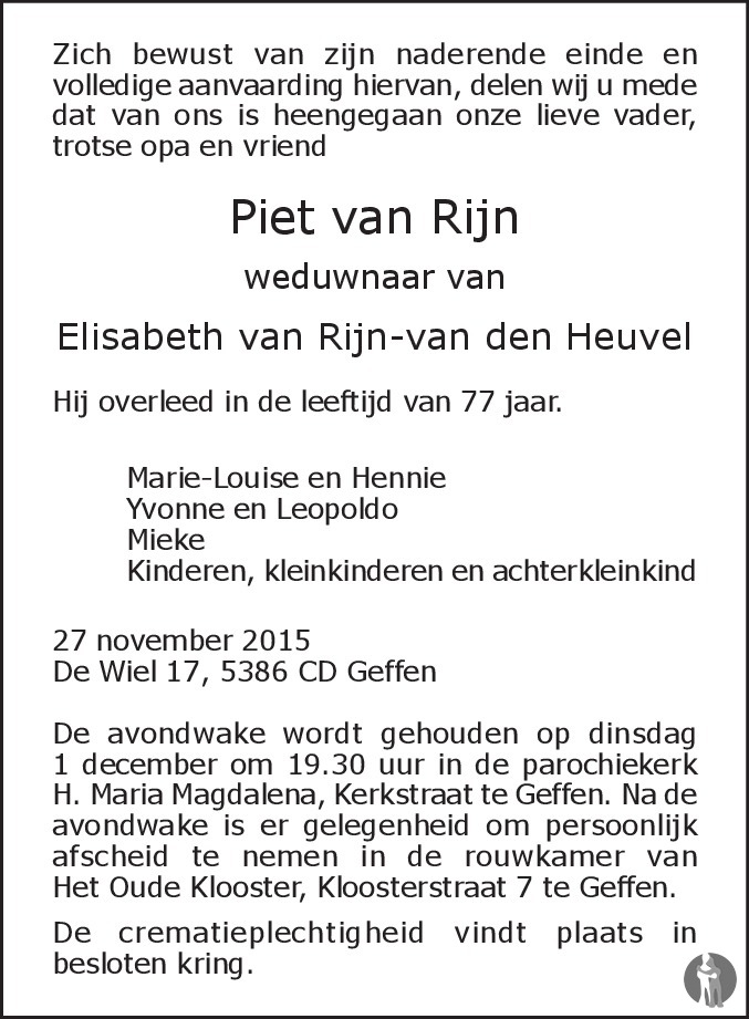 Piet van Rijn 27-11-2015 overlijdensbericht en condoleances - Mensenlinq.nl