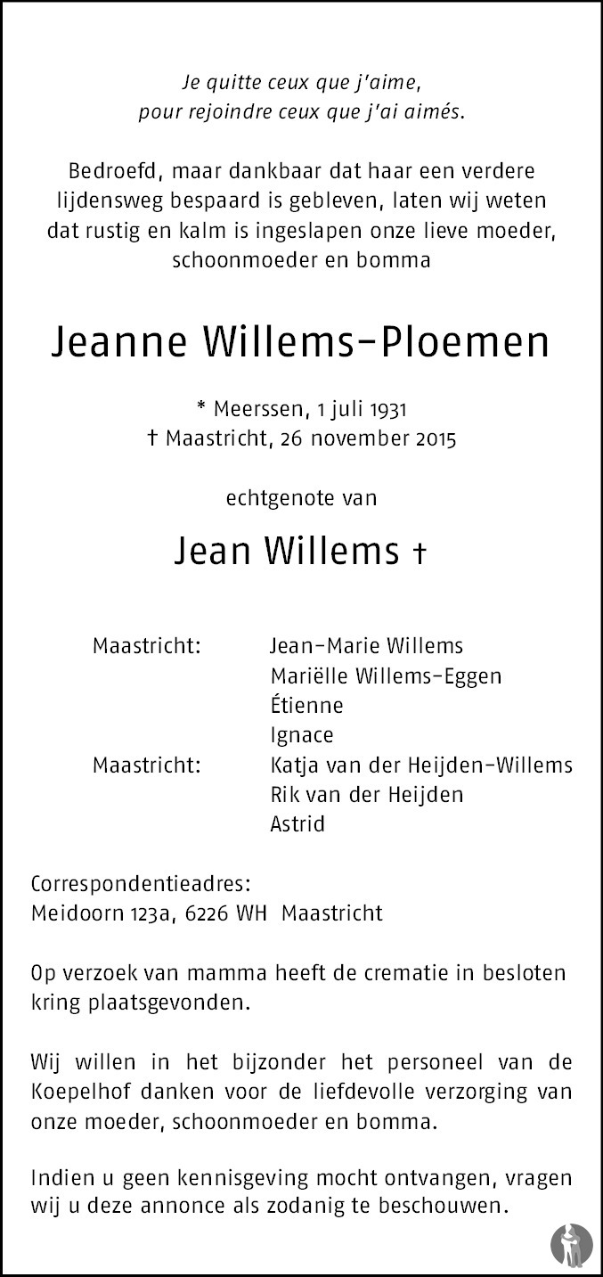 Jeanne Willems Ploemen 26 11 2015 Overlijdensbericht En Condoleances