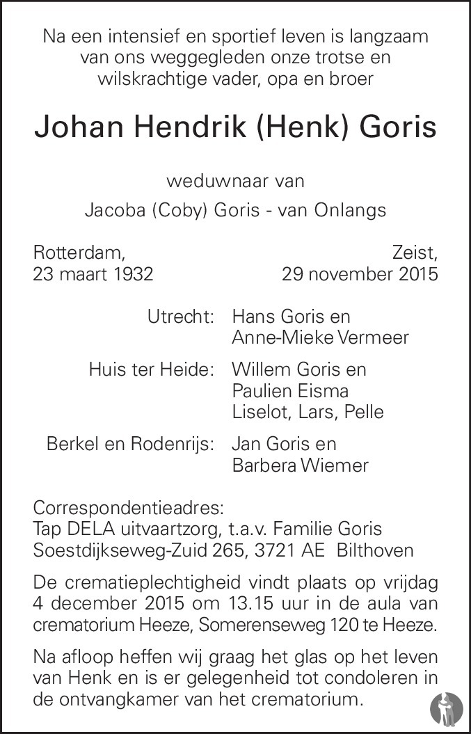 Johan Hendrik (Henk) Goris 29-11-2015 overlijdensbericht en ...