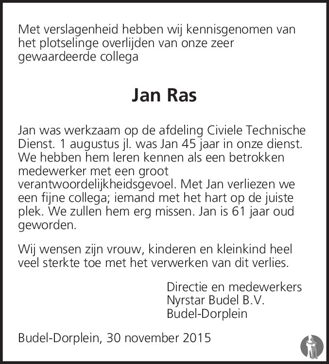 Jan Ras 30-11-2015 overlijdensbericht en condoleances - Mensenlinq.nl