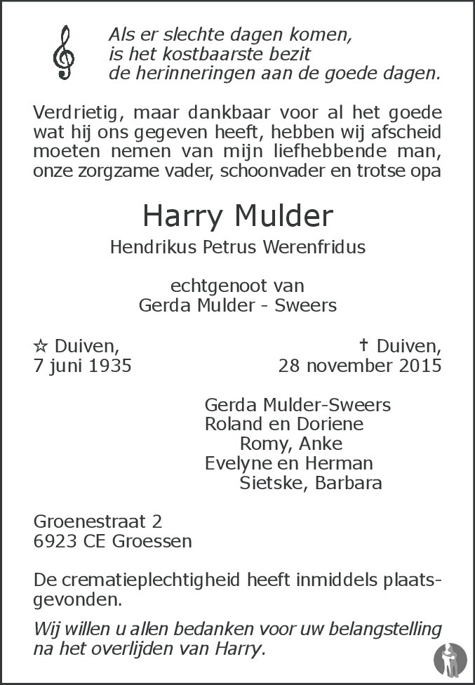 hendrikus Petrus Werenfridus (Harry) Mulder 28-11-2015 ...
