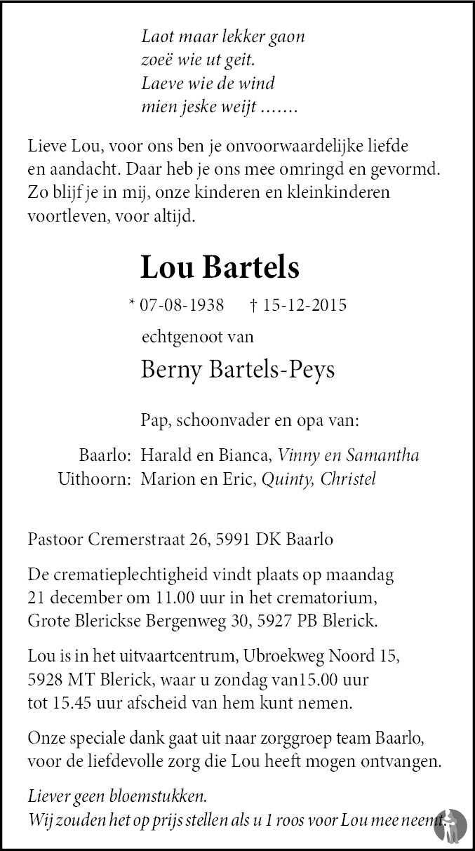 Lou Bartels 15-12-2015 overlijdensbericht en condoleances - Mensenlinq.nl