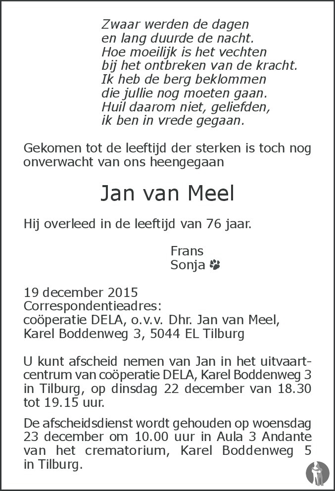 Jan van Meel 19-12-2015 overlijdensbericht en condoleances - Mensenlinq.nl