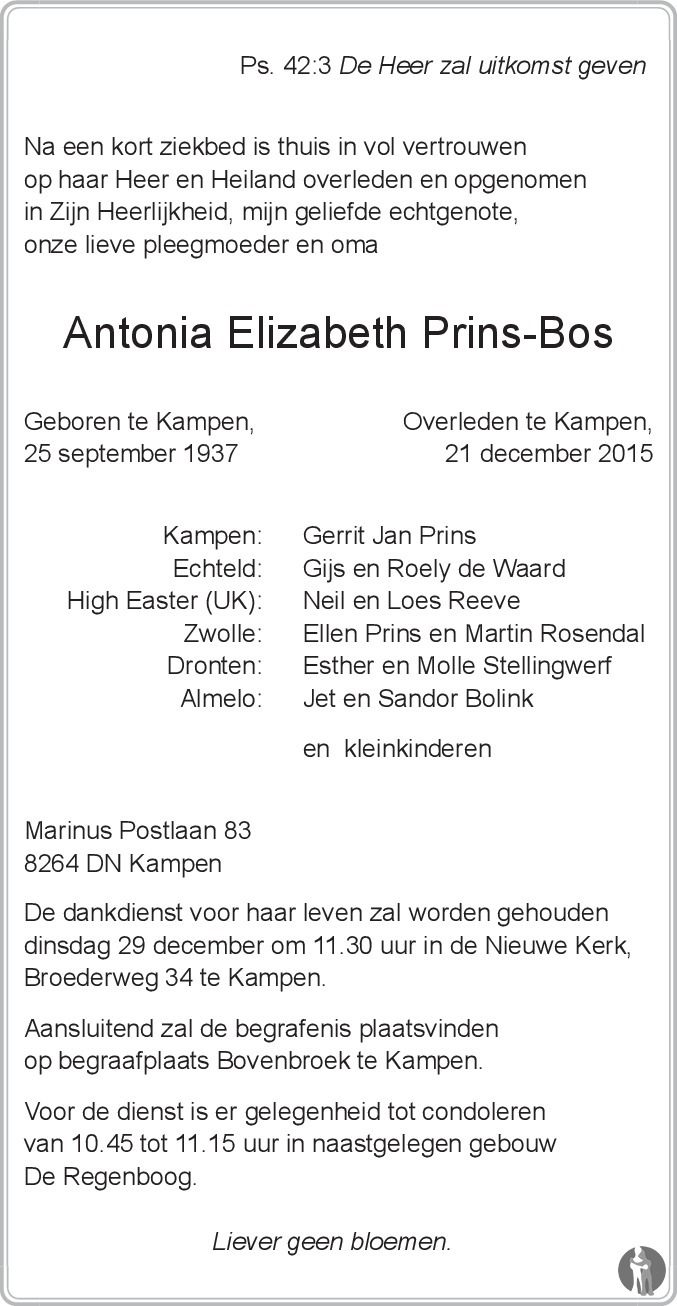 Antonia Elizabeth Prins - Bos 21-12-2015 overlijdensbericht en ...