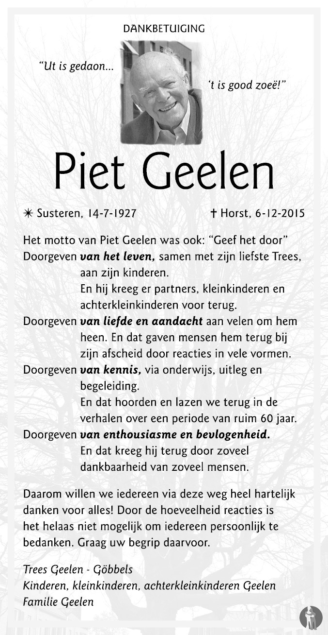 Piet Geelen 06-12-2015 overlijdensbericht en condoleances - Mensenlinq.nl