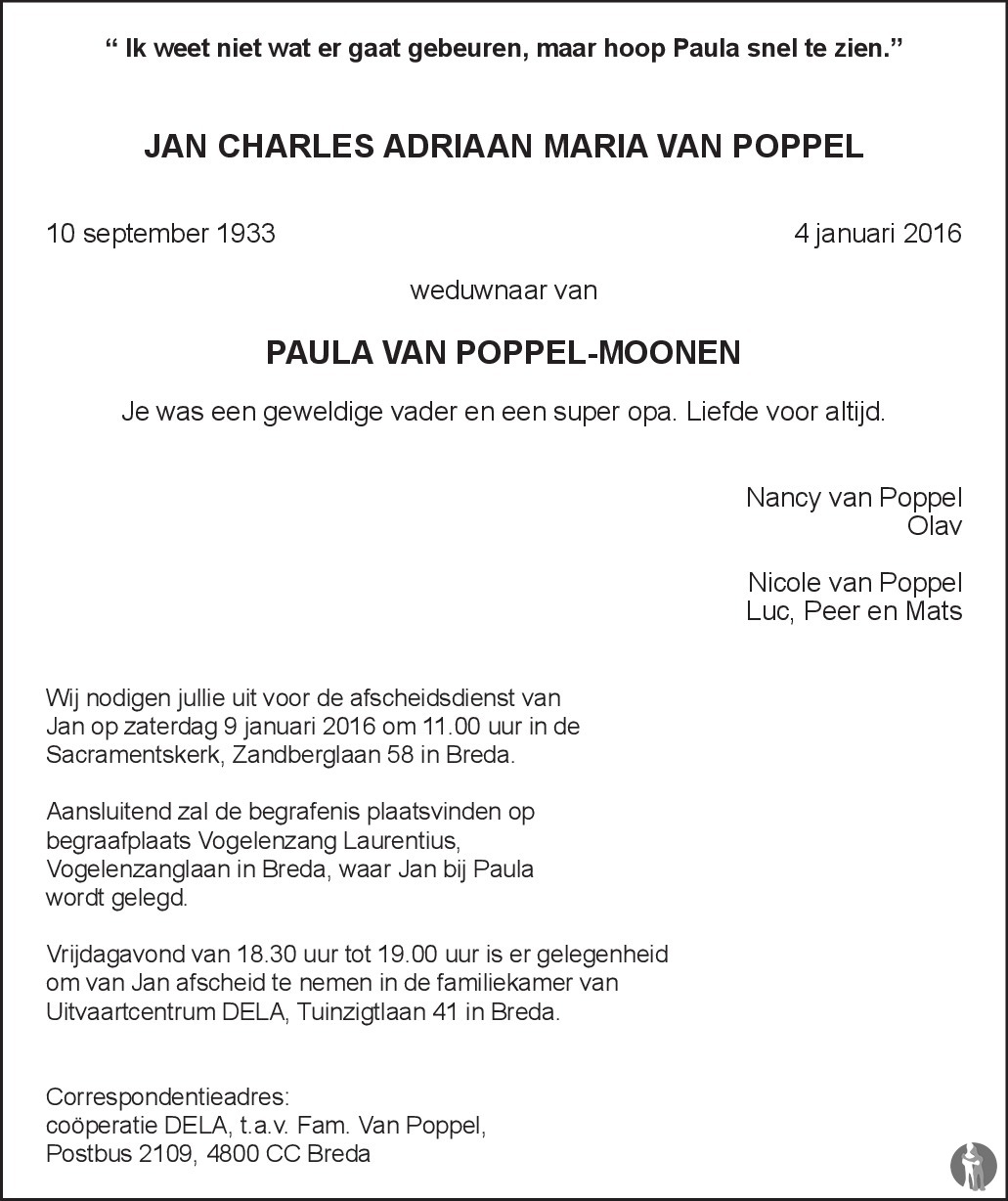 Jan Charles Adriaan Maria van Poppel 04-01-2016 overlijdensbericht en ...