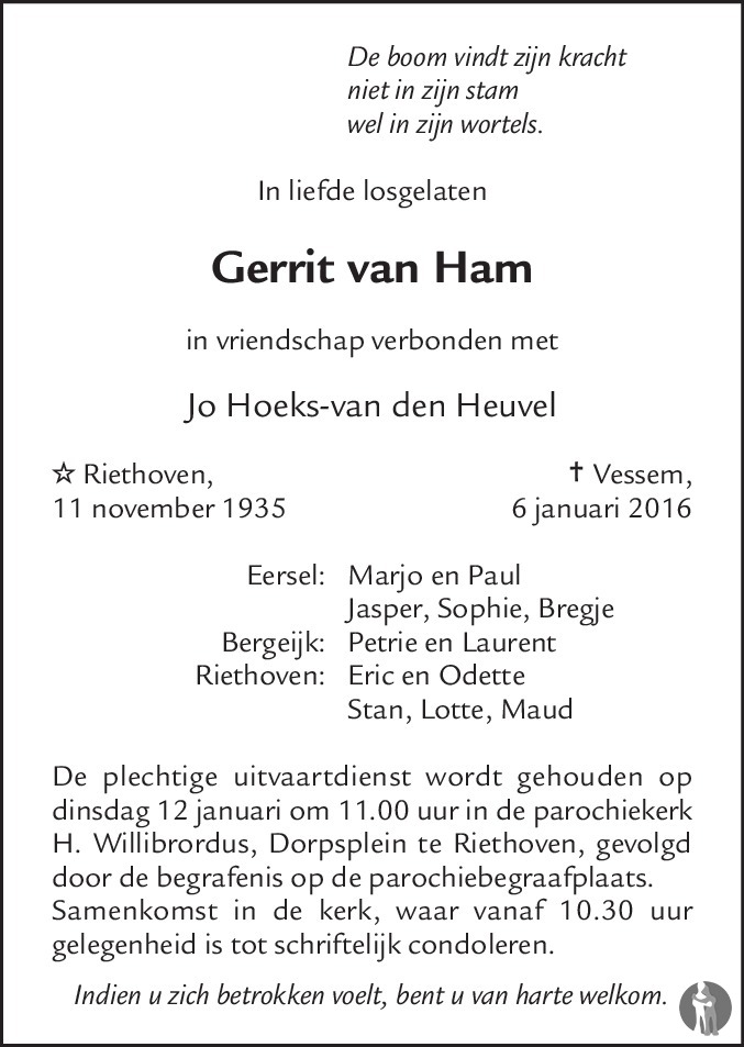 Gerrit van Ham 06-01-2016 overlijdensbericht en condoleances ...