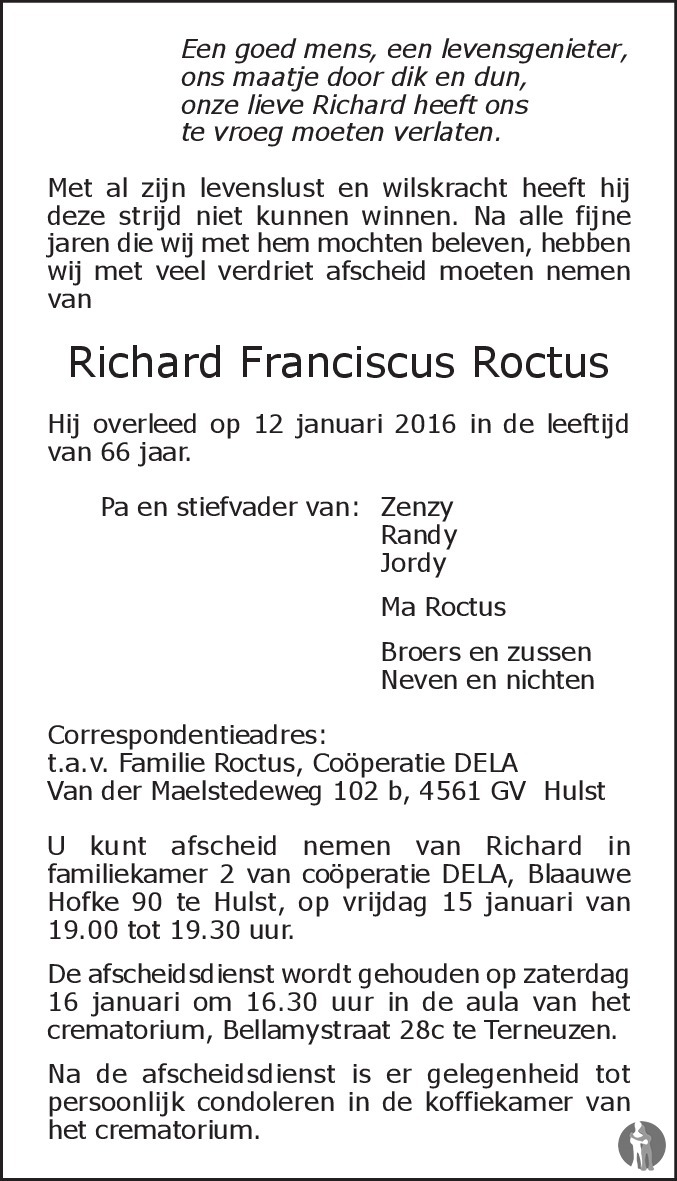 Richard Franciscus Roctus 12-01-2016 overlijdensbericht en condoleances ...