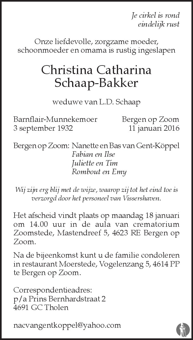 Christina Catharina Schaap - Bakker 11-01-2016 overlijdensbericht en ...
