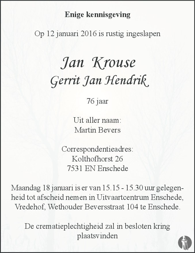 Gerrit Jan Hendrik (Jan) Krouse 12-01-2016 overlijdensbericht en ...