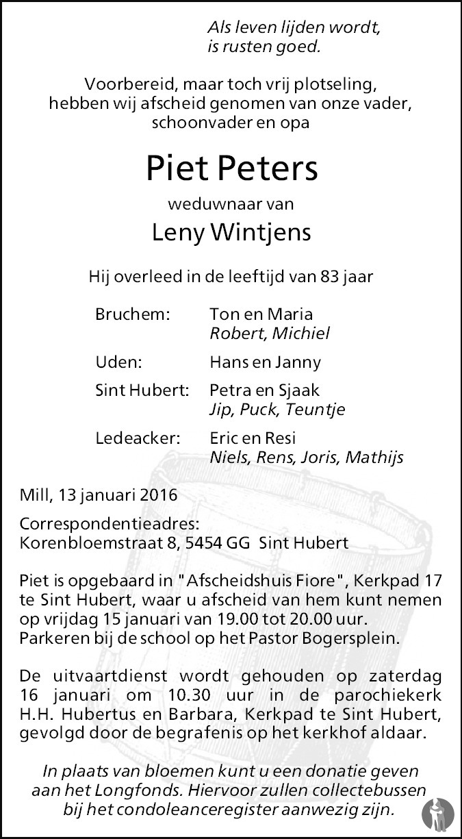 Piet Peters 13-01-2016 overlijdensbericht en condoleances - Mensenlinq.nl