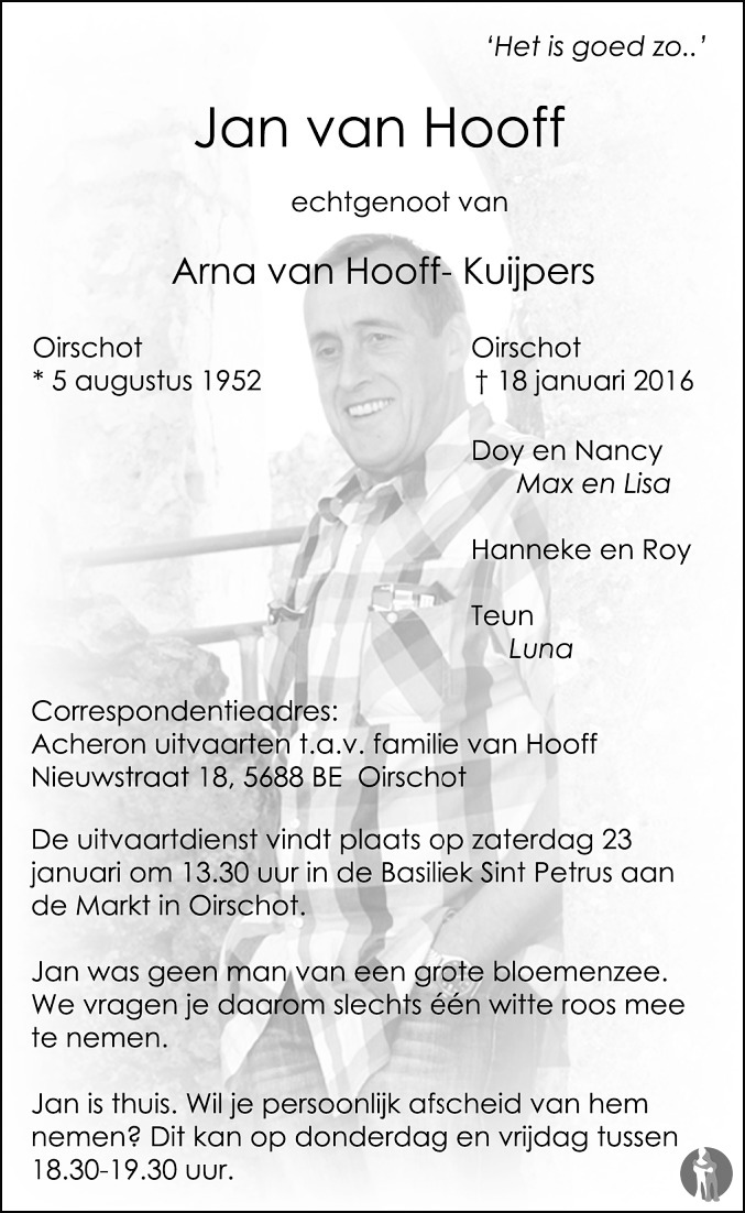 Jan van Hooff 18-01-2016 overlijdensbericht en condoleances - Mensenlinq.nl