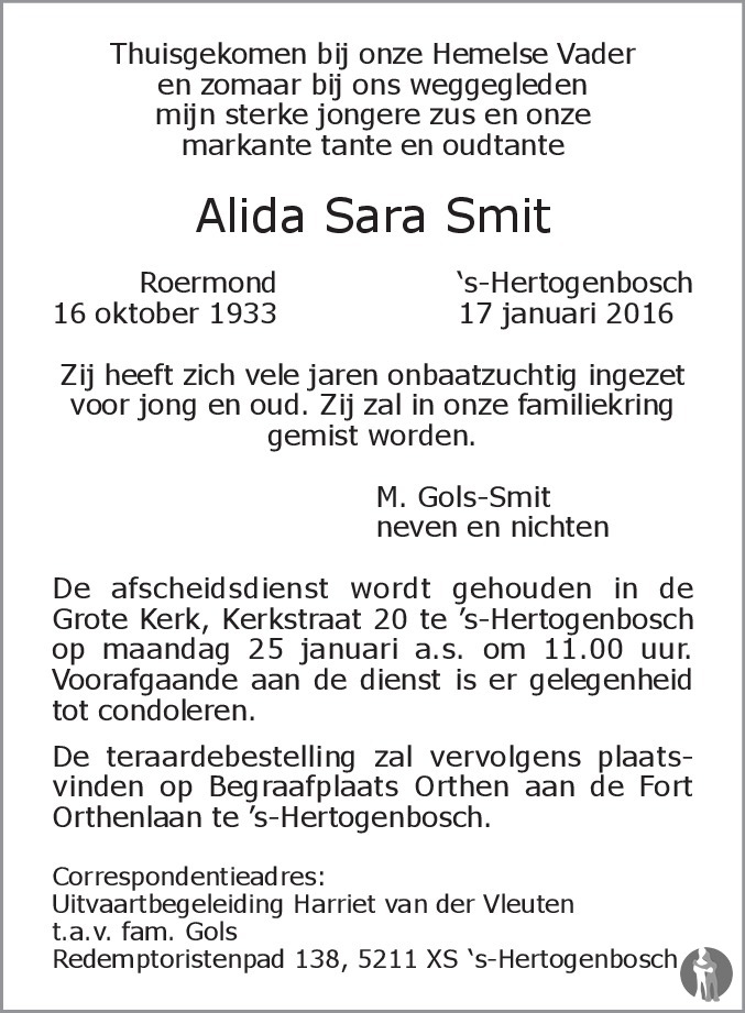 Alida Sara Smit 17-01-2016 overlijdensbericht en condoleances ...