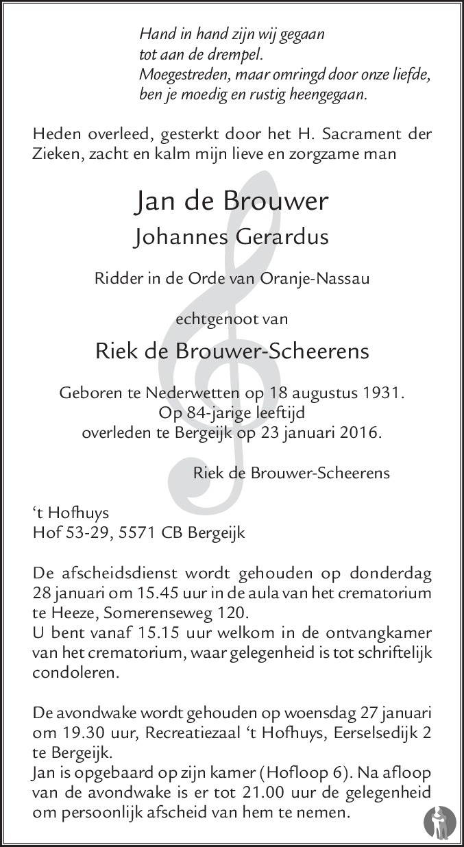 Johannes Gerardus (Jan) de Brouwer 23-01-2016 overlijdensbericht en condoleances - Mensenlinq.nl