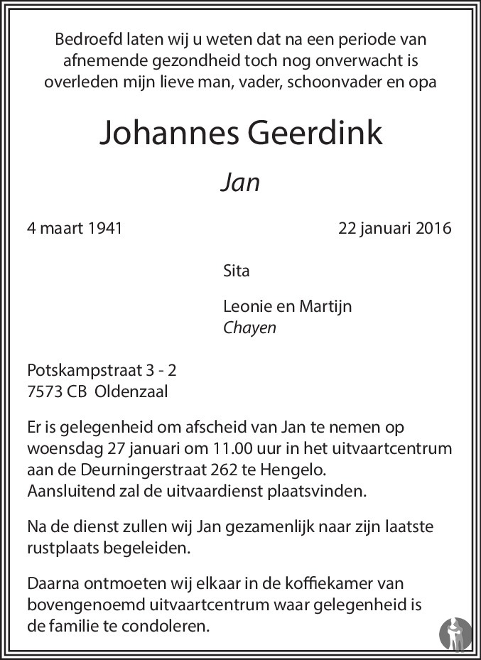 Johannes (Jan) Geerdink 22-01-2016 overlijdensbericht en condoleances - Mensenlinq.nl