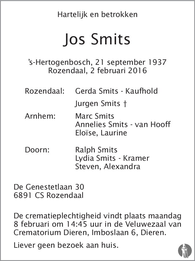 Jos Smits 02-02-2016 overlijdensbericht en condoleances - Mensenlinq.nl