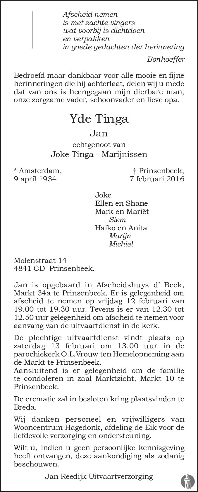 Yde (Jan) Tinga 07-02-2016 overlijdensbericht en condoleances ...