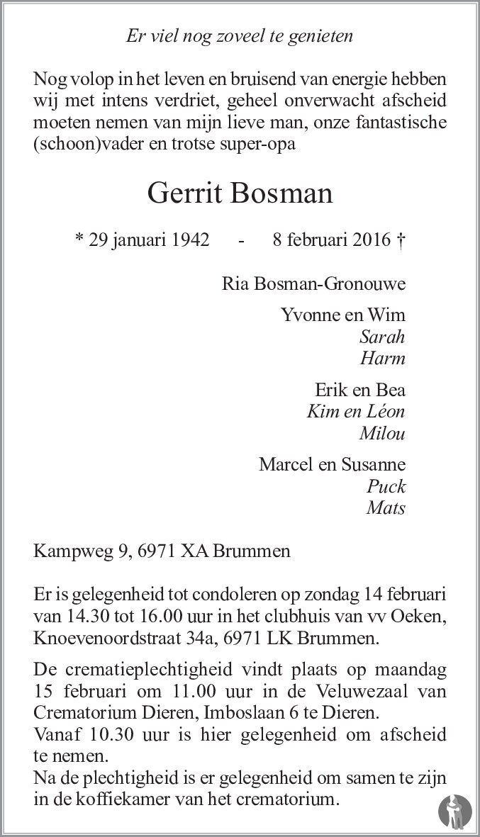 Gerrit Bosman 08-02-2016 overlijdensbericht en condoleances - Mensenlinq.nl