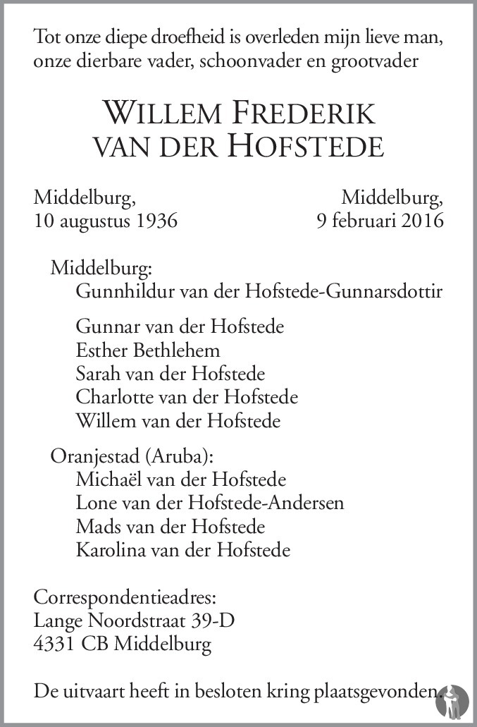 Willem Frederik van der Hofstede 09-02-2016 overlijdensbericht en condoleances - Mensenlinq.nl
