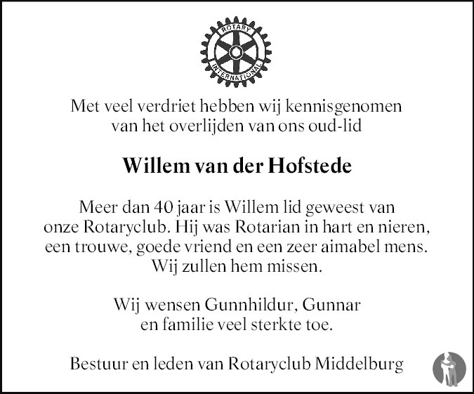Willem Frederik van der Hofstede 09-02-2016 overlijdensbericht en condoleances - Mensenlinq.nl