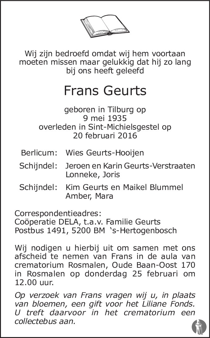 Frans Geurts 20-02-2016 overlijdensbericht en condoleances - Mensenlinq.nl