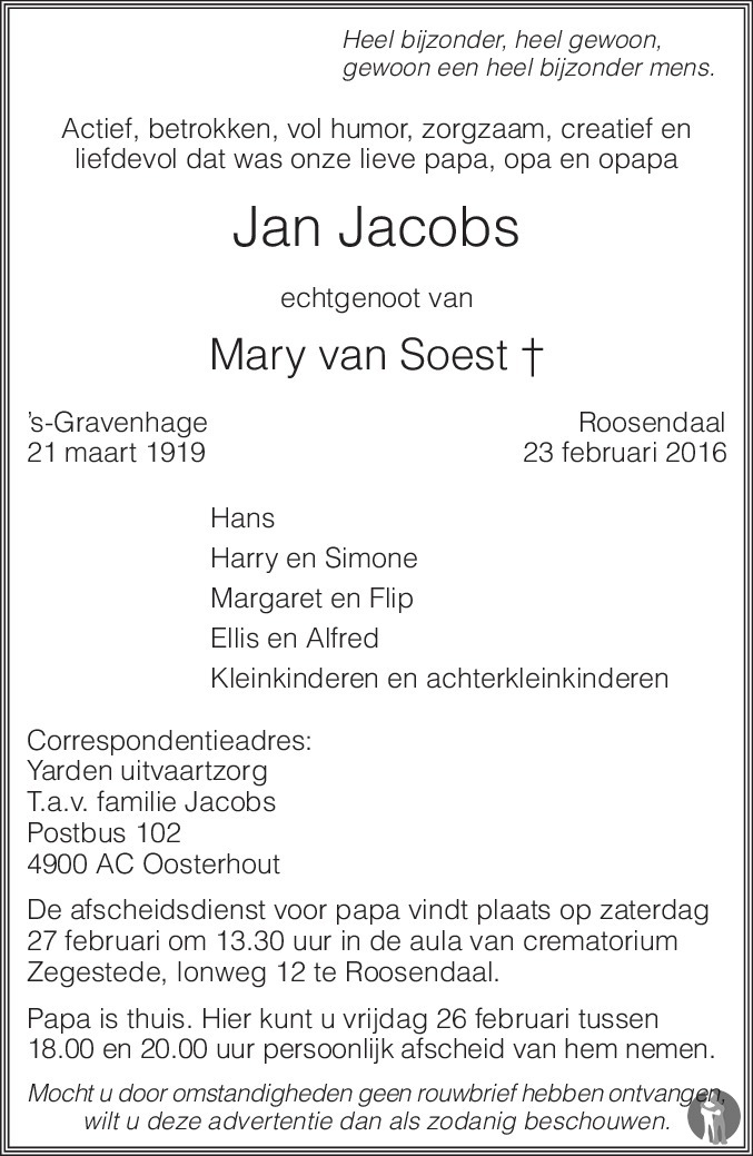 Jan Jacobs 23-02-2016 overlijdensbericht en condoleances - Mensenlinq.nl