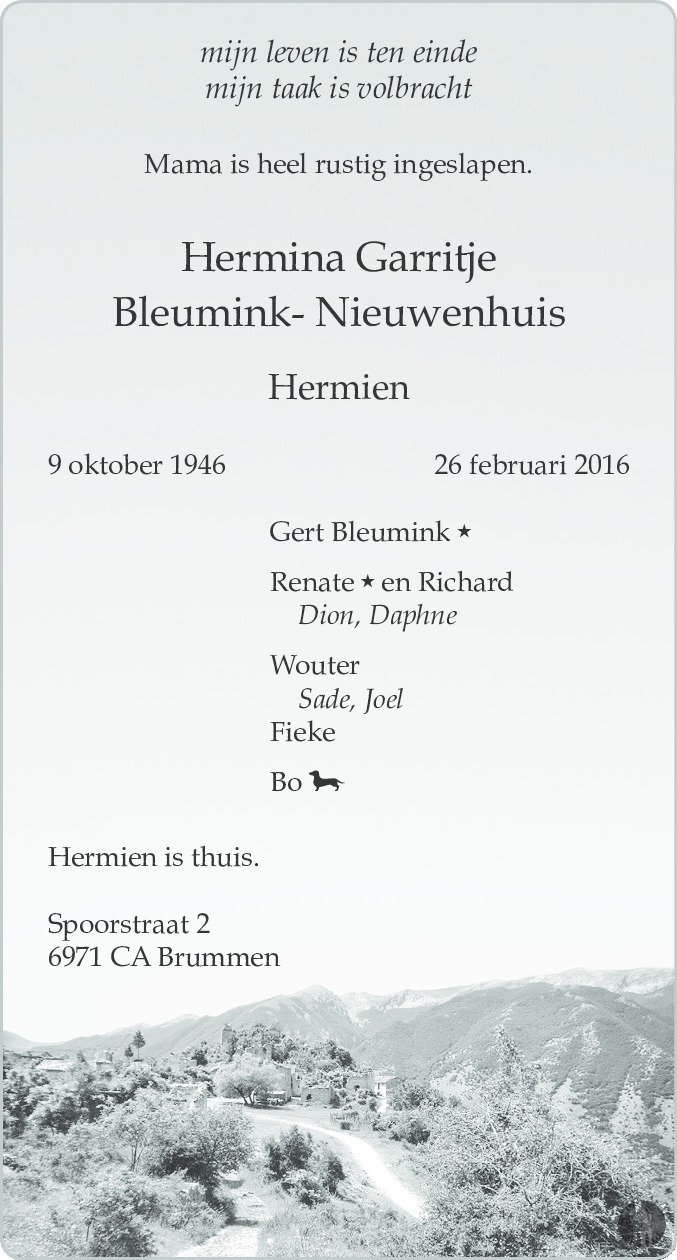 Hermina Garritje (Hermien) Bleumink - Nieuwenhuis 26-02-2016 ...