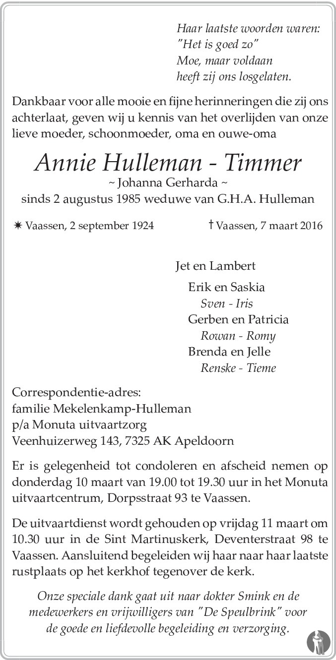 Annie Hulleman - Timmer 07-03-2016 overlijdensbericht en condoleances ...