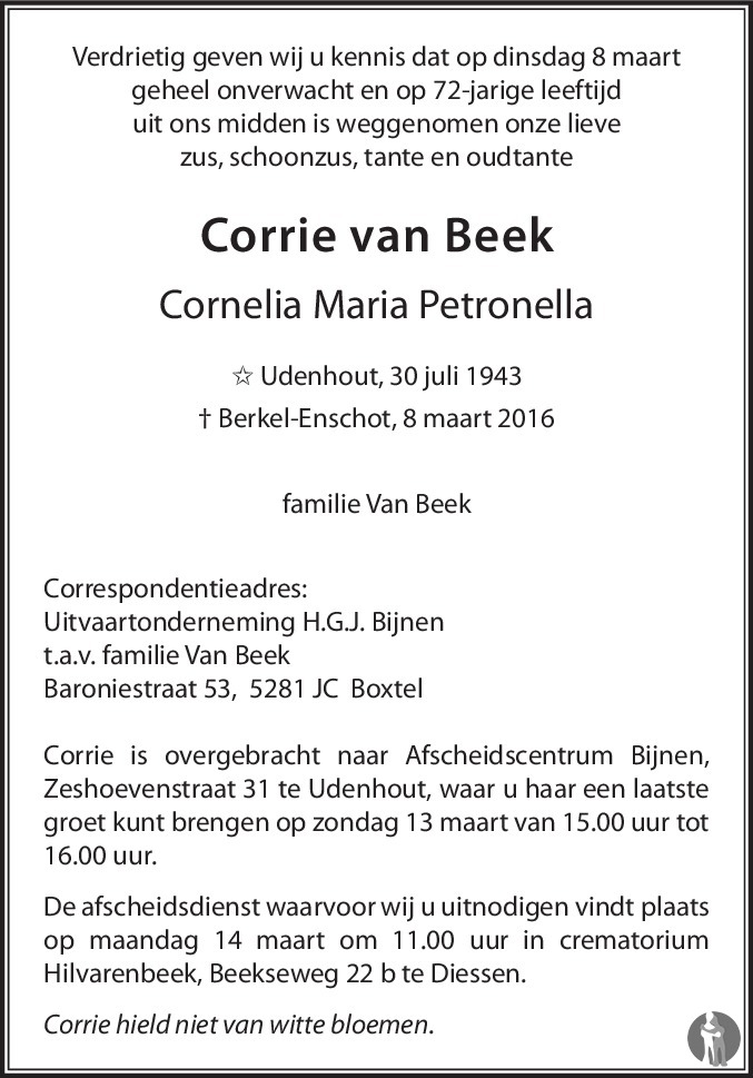 Cornelia Maria Petronella (Corrie) van Beek 08-03-2016 ...